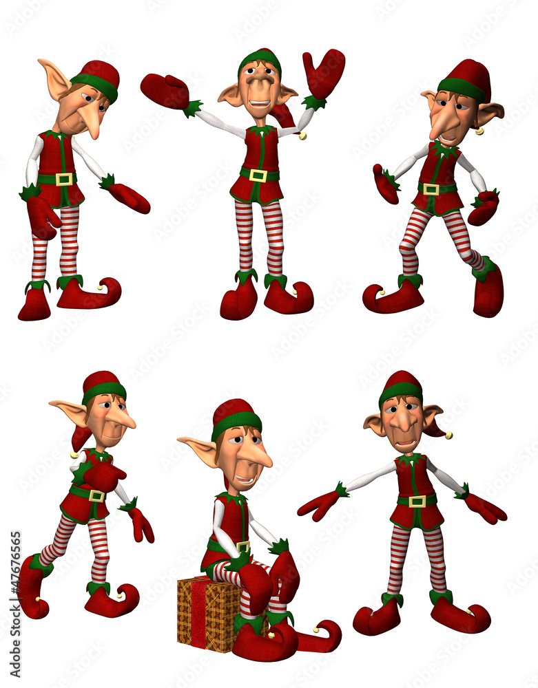 A 3D rendered illustration set of 6 Christmas Elves wearing red outfits ...