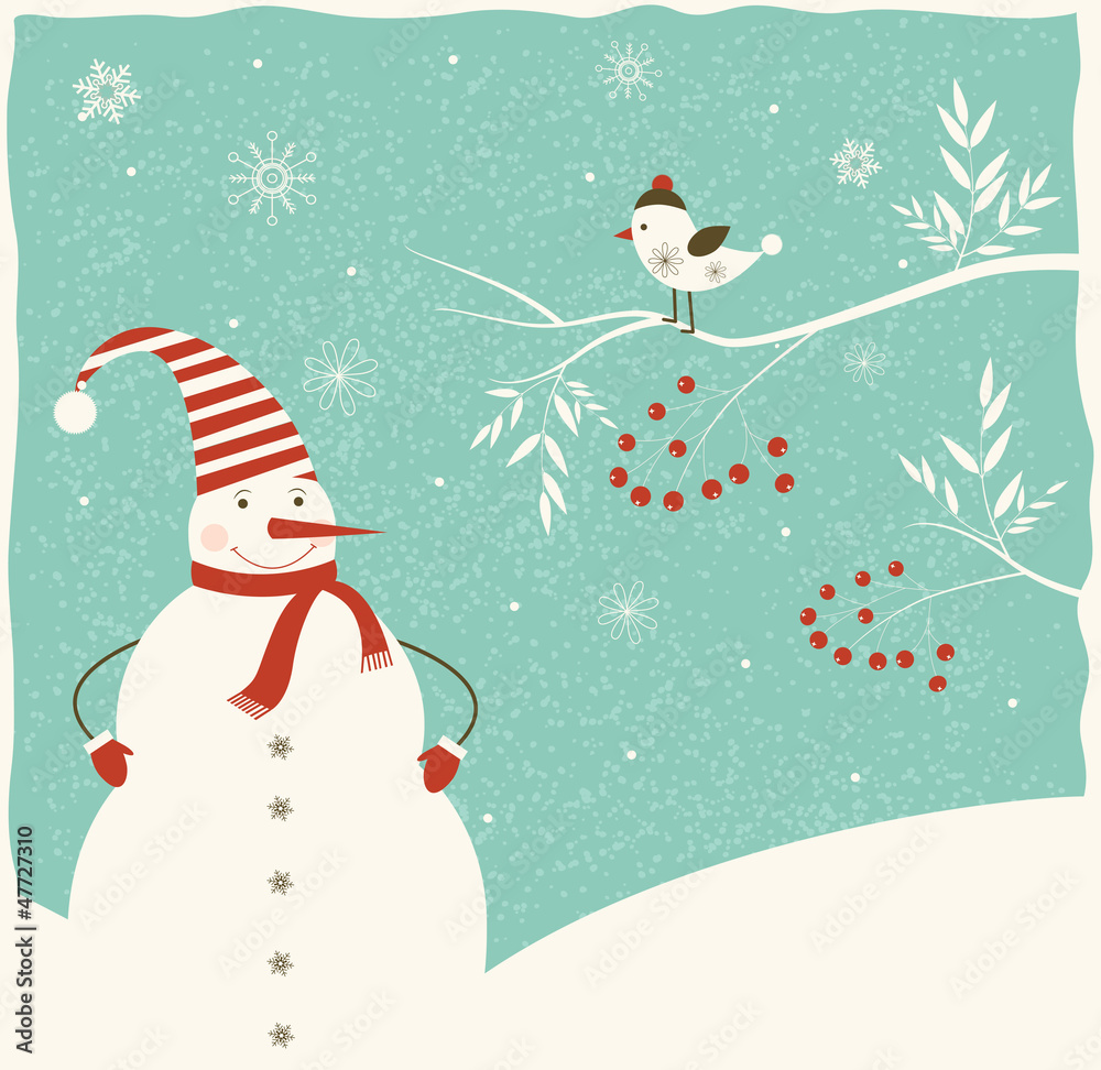 Christmas decoration with snowman and bird. Stock Vector | Adobe Stock