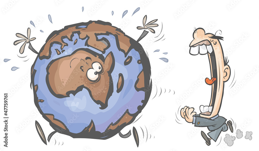 Cartoon Earth chased by Greedy Man. Stock Vector | Adobe Stock