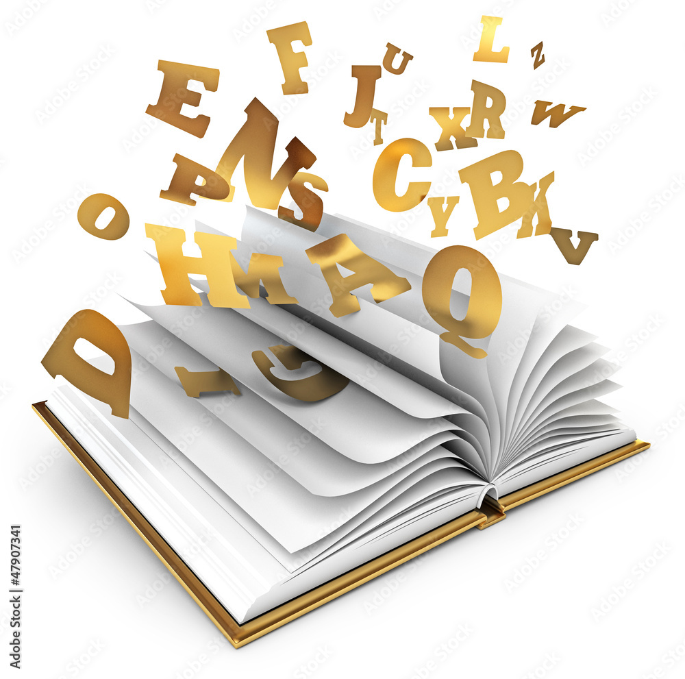 Letters flying out of an open book. Magic book. Fairy tale Stock ...