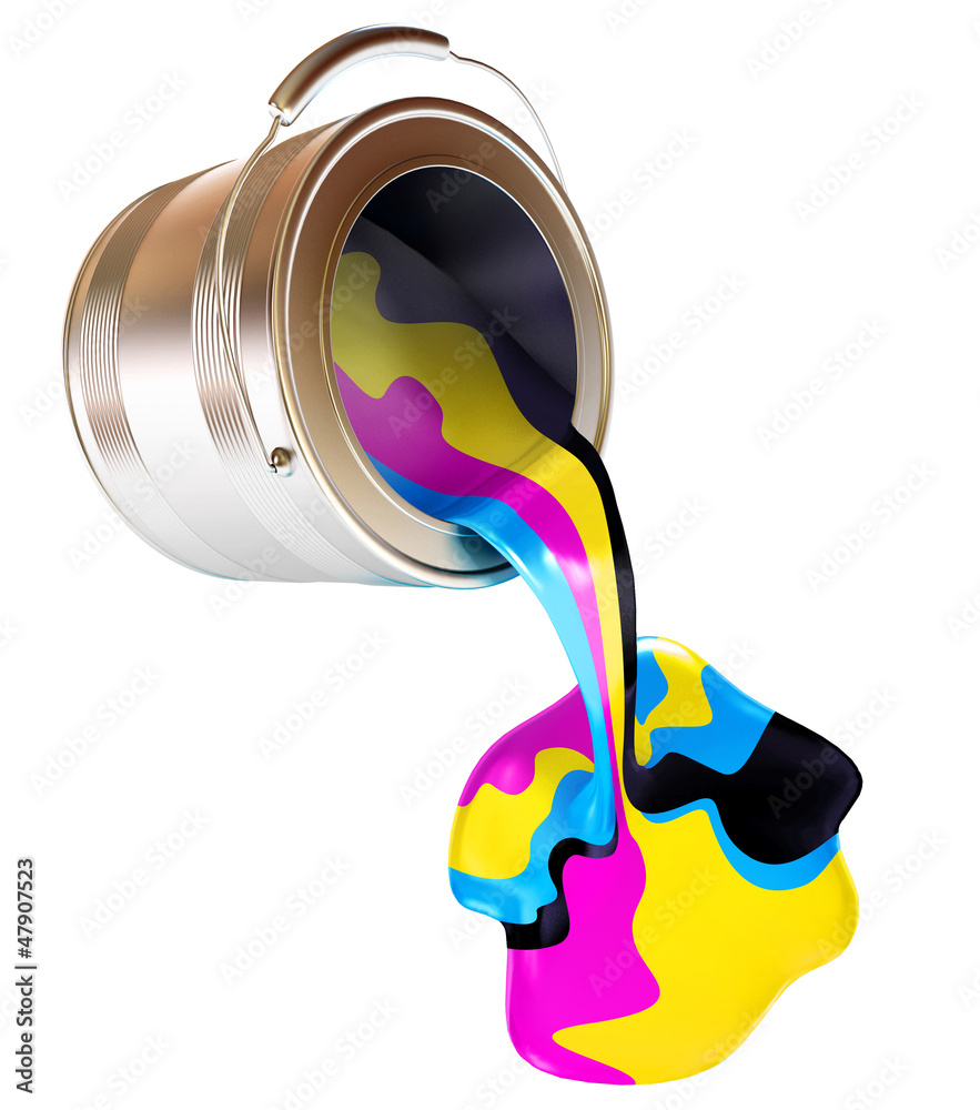 Spilled Paint Cans isolated (CMYK Concept). 3d render Stock ...