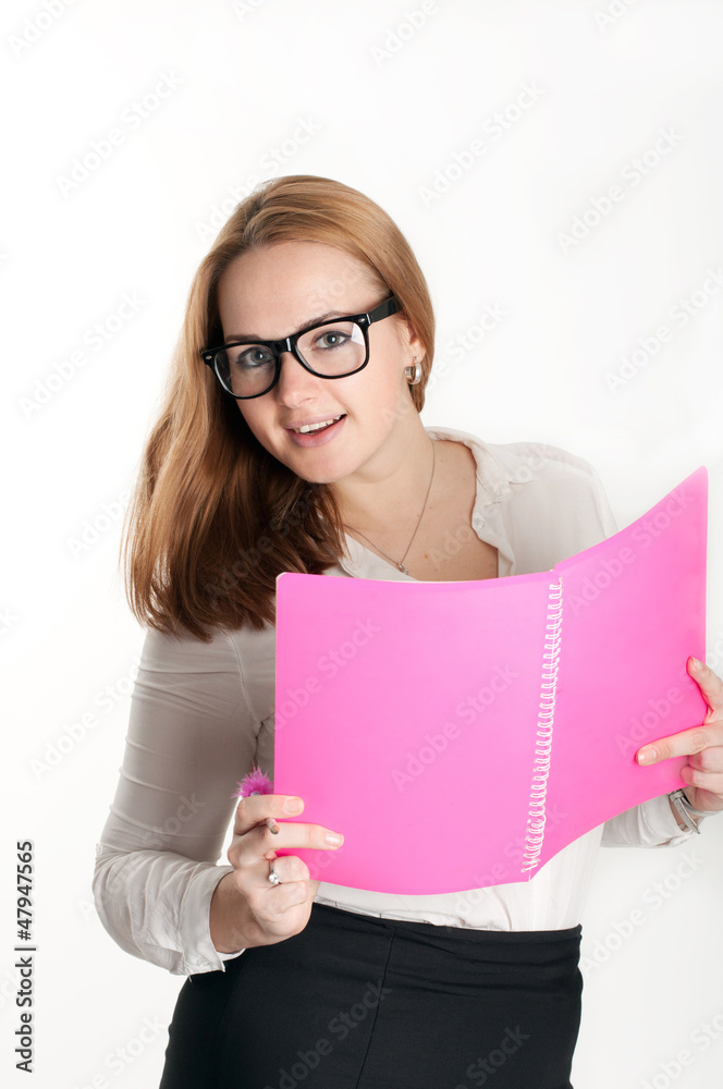 Girl with a pink folder on a light background Stock Photo | Adobe Stock
