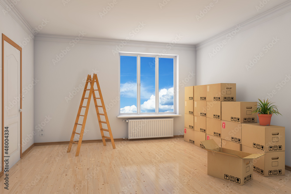 Zimmer beim Umzug mit Leiter und Umzugskartons Stock Illustration ...