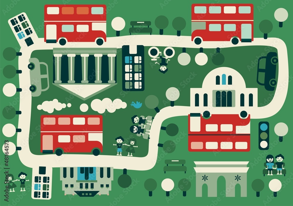 cartoon map of London with double decker Stock Vector | Adobe Stock