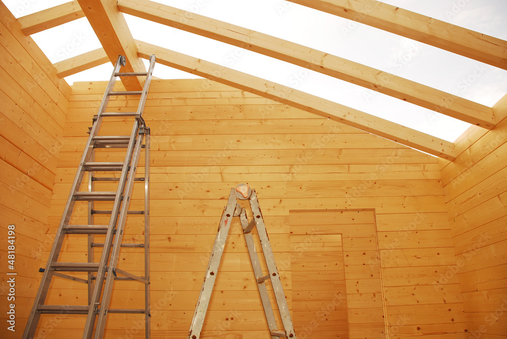 Ladders in Partially Constructed Wooden House Stock Photo | Adobe Stock