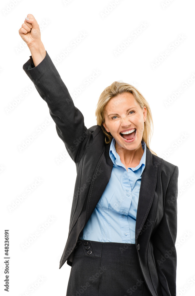 Happy Mature Business Woman Arms Up Isolated On White Background Stock