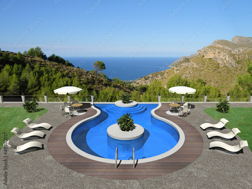 a terrace with swimming pool and beautiful view to the sea Stock ...