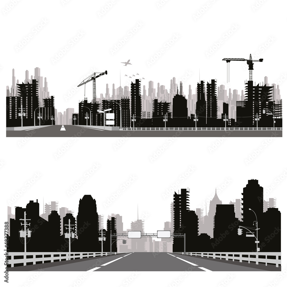 Vector illustration.City skyline,crane and city traffic Stock Vector ...