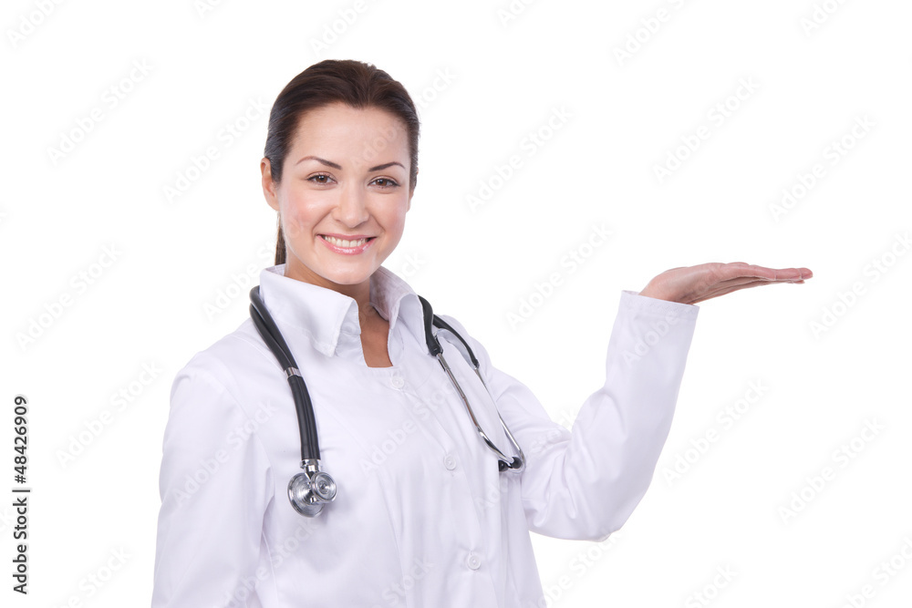 Young medical doctor woman presenting and showing copy space for Stock ...