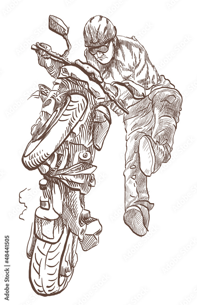 crazy on a motorcycle, stuntman - hand drawing Stock Illustration ...