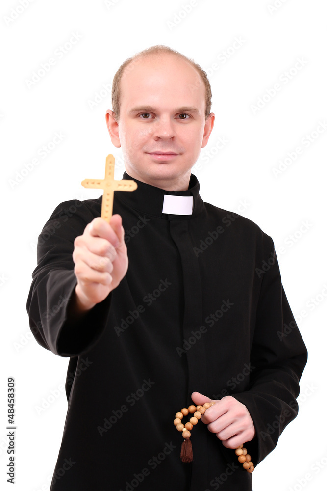 Young pastor with wooden cross and rosary, isolated on white Stock ...