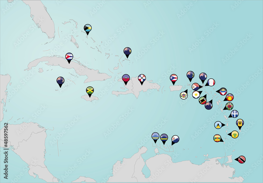 Pinned countries flags on map of Caribbean Stock Vector | Adobe Stock