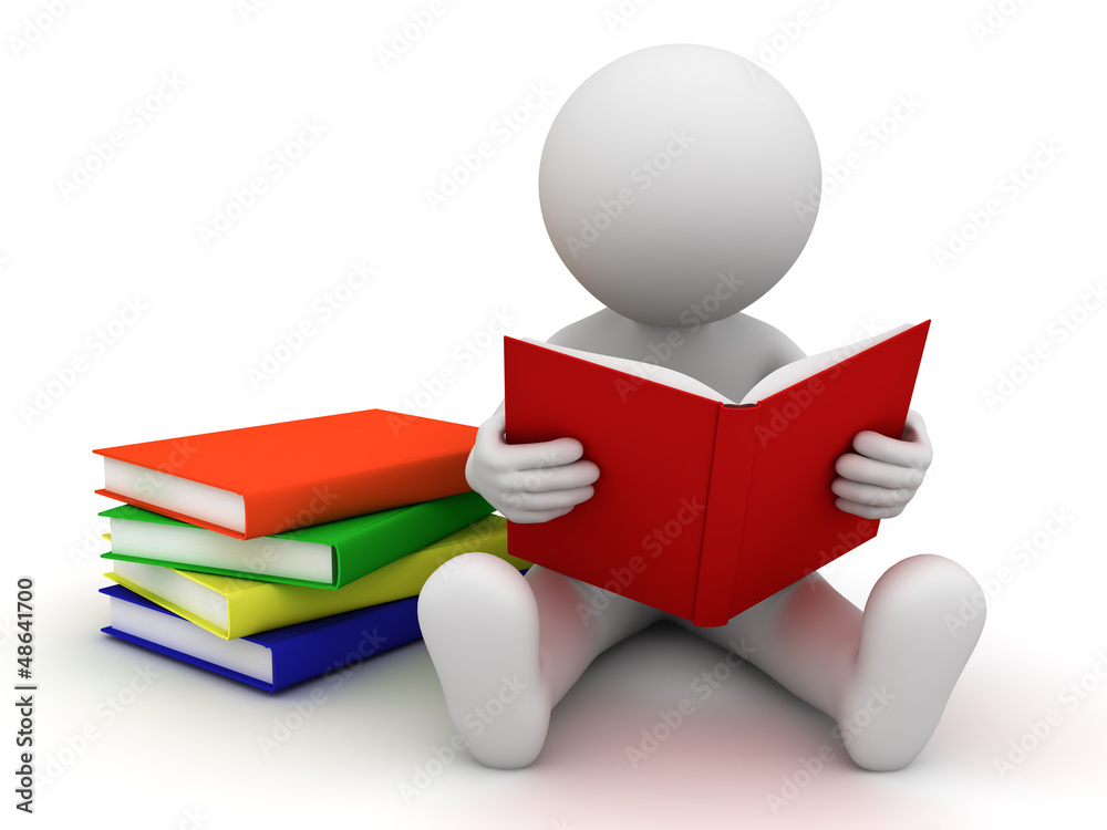 3d man sitting on the floor and reading a book over white Stock ...