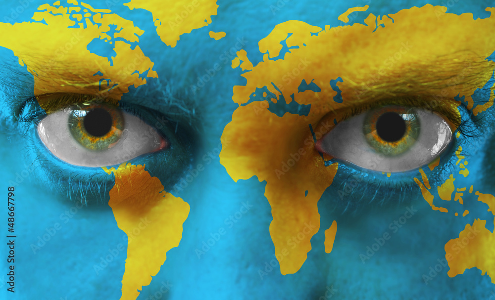 Human face with painted map of world Stock Photo | Adobe Stock