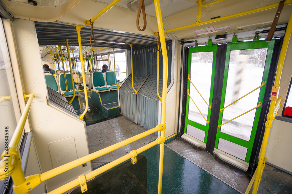 Interior of modern city articulated bus. Articulated joint and d Stock ...