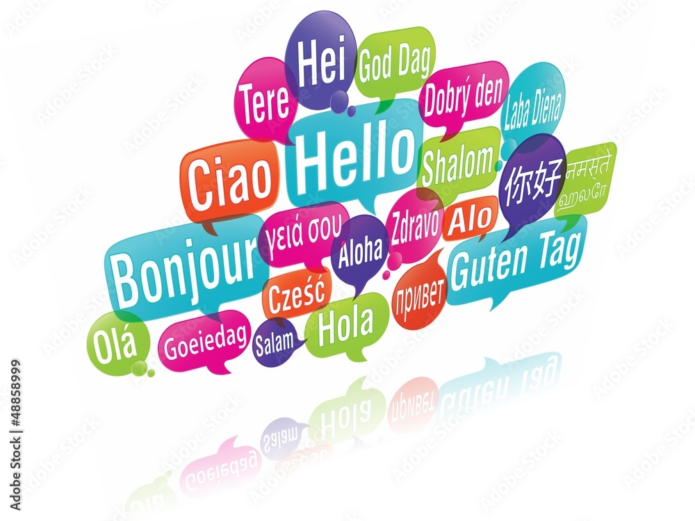 nuage de mots bulles 3d : bonjour traduction Stock Illustration | Adobe ...