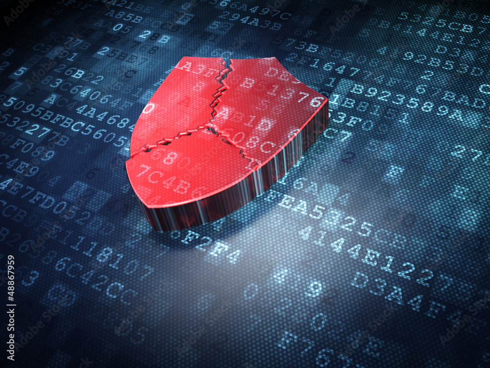 Security concept: Red Broken Shield on digital background Stock ...