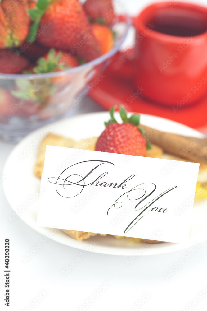 piece of apple pie, a card with the words thank you and strawber Stock ...