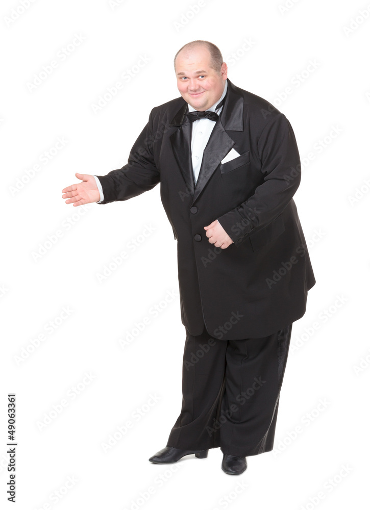 Elegant fat man in a bow tie pointing Stock Photo | Adobe Stock