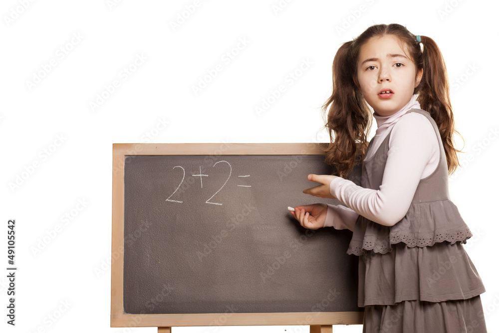 confused girl standing in front of blackboard with math problems Stock ...