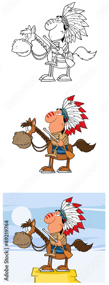 Indian Chief With Gun Cartoon Mascot Characters- Collection Stock ...
