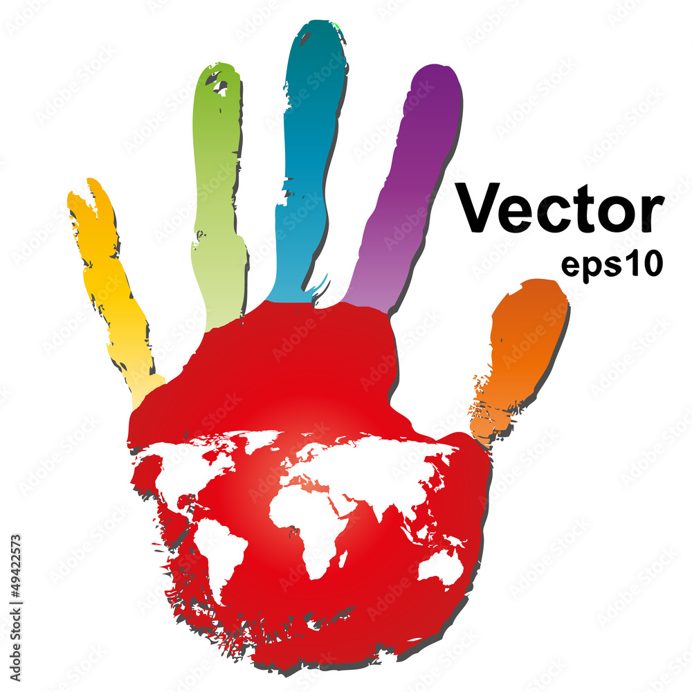 Vector conceptual human or child red handprint with world map Stock ...