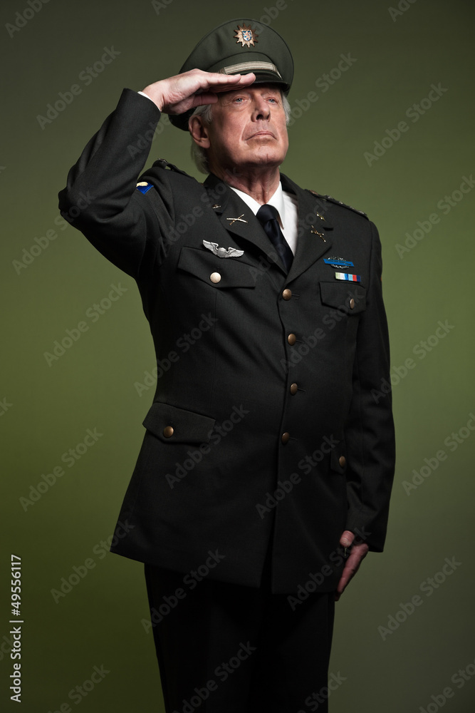 US military general wearing cap. Salutation. Studio portrait. Stock ...