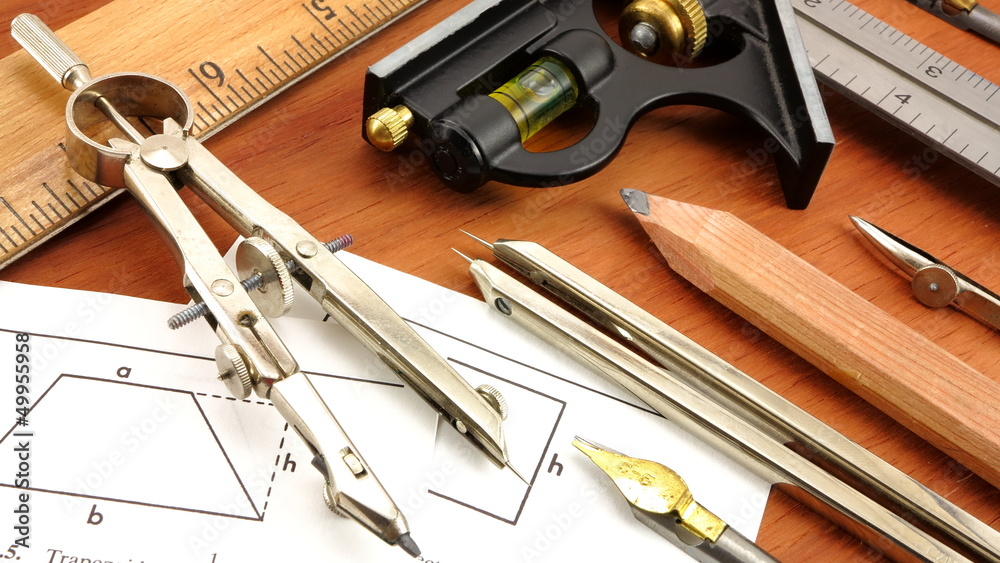 Vintage engineering and drafting tools on wood background. Stock Photo ...
