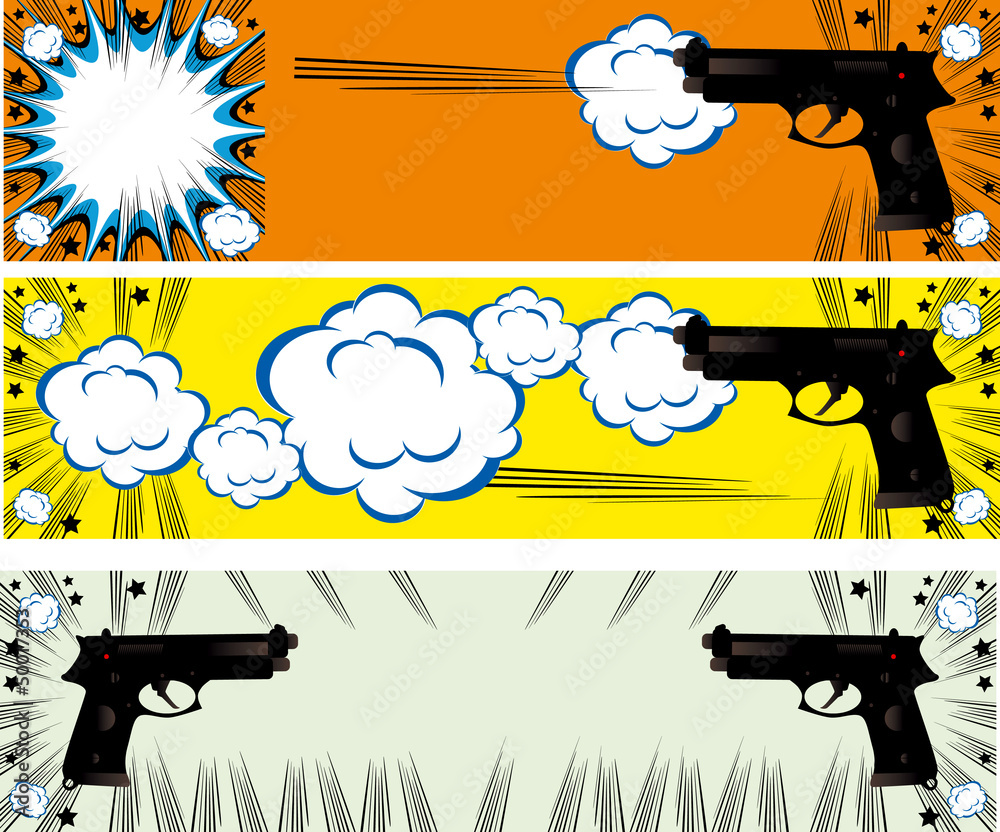 Pop art guns banners set styled illustration on a crime based Stock ...