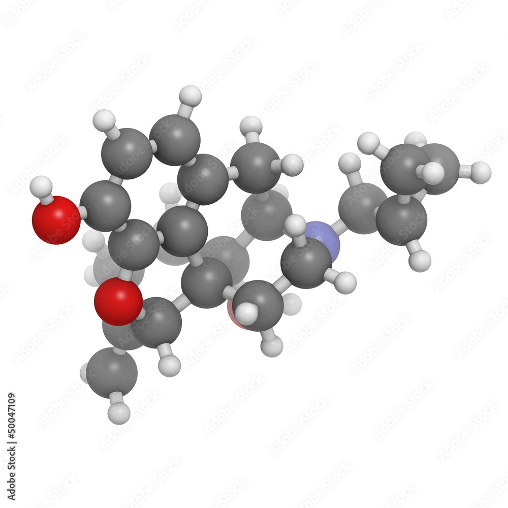 Nalmefene alcoholism treatment drug, molecular model. Stock ...