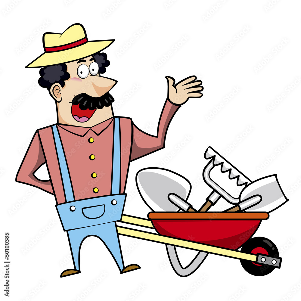 Cartoon Landscaper with Wheelbarrow and Garden Tools Stock Vector ...