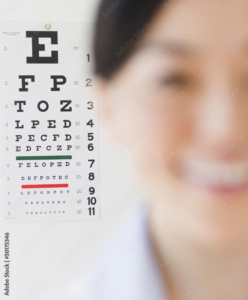 Japanese optometrist in front of eye chart Stock Photo | Adobe Stock