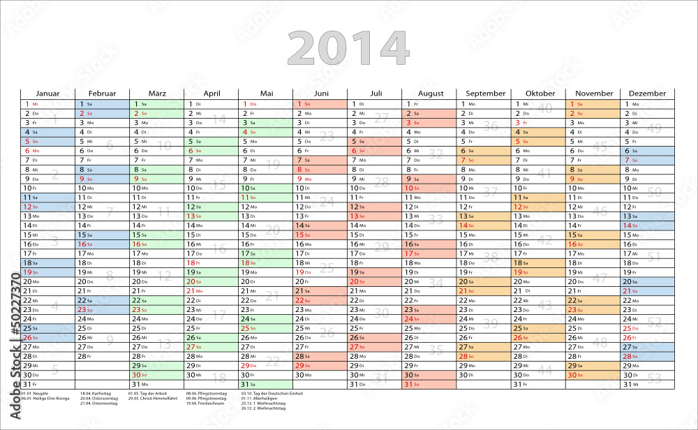 Jahresplaner 2014 bunt incl Kalenderwochen und Feiertage Stock ...