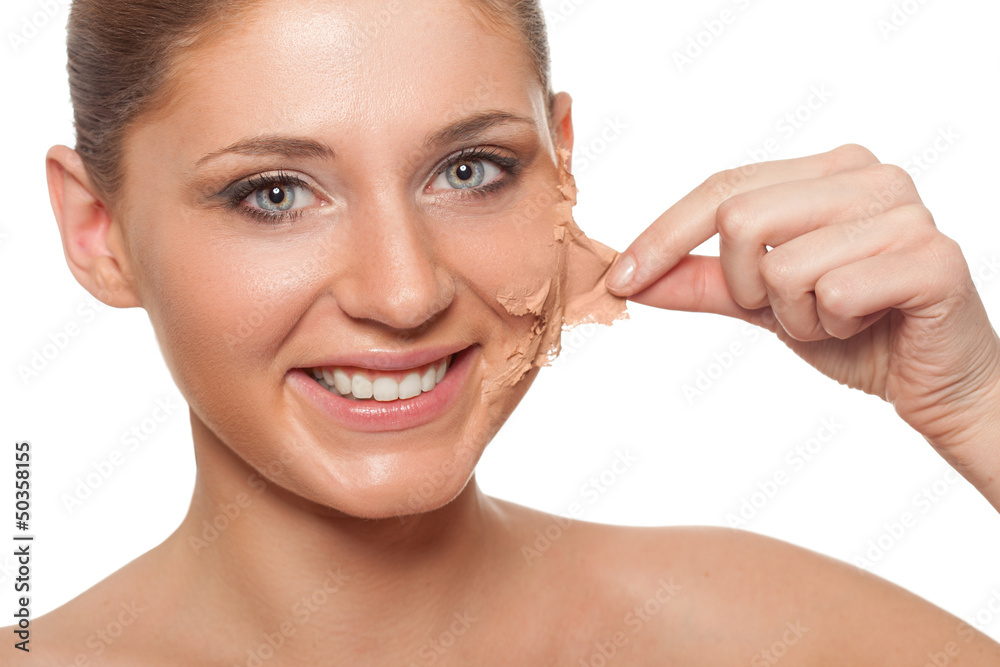 woman taking off her skin from face Stock Photo | Adobe Stock