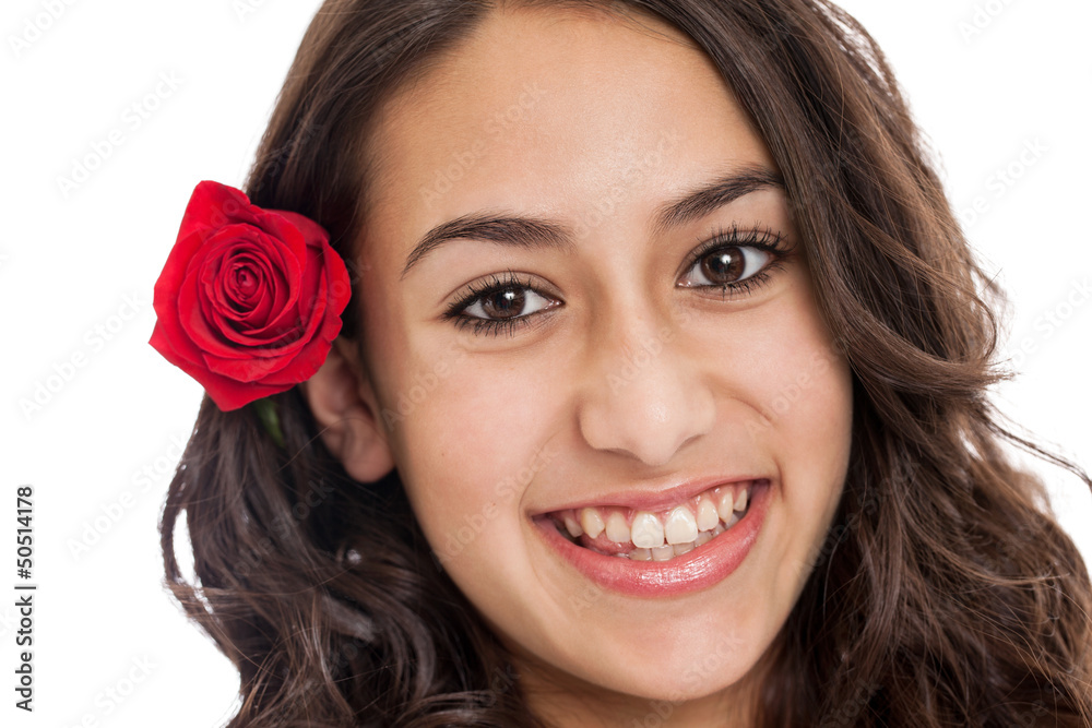 Cute tween girl with red rose in her hair portrait Stock Photo | Adobe ...