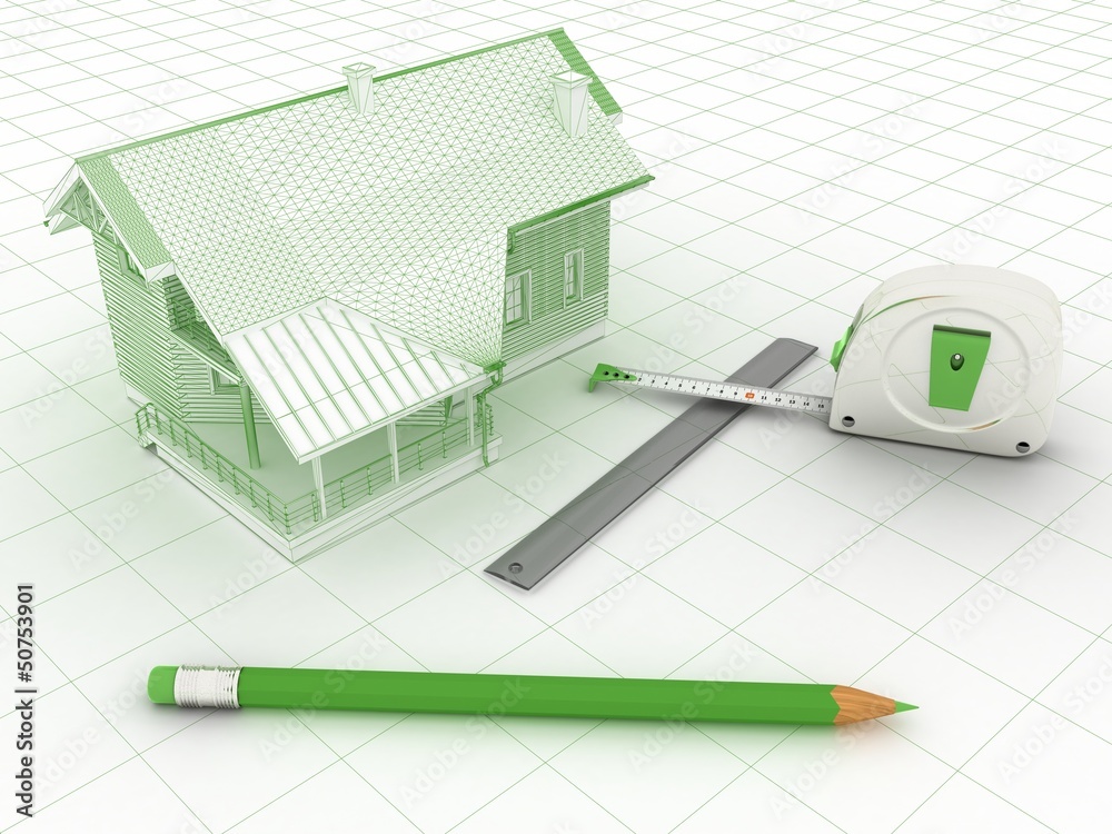 3-d model of a house, a ruler, a tape measure, Stock Illustration ...