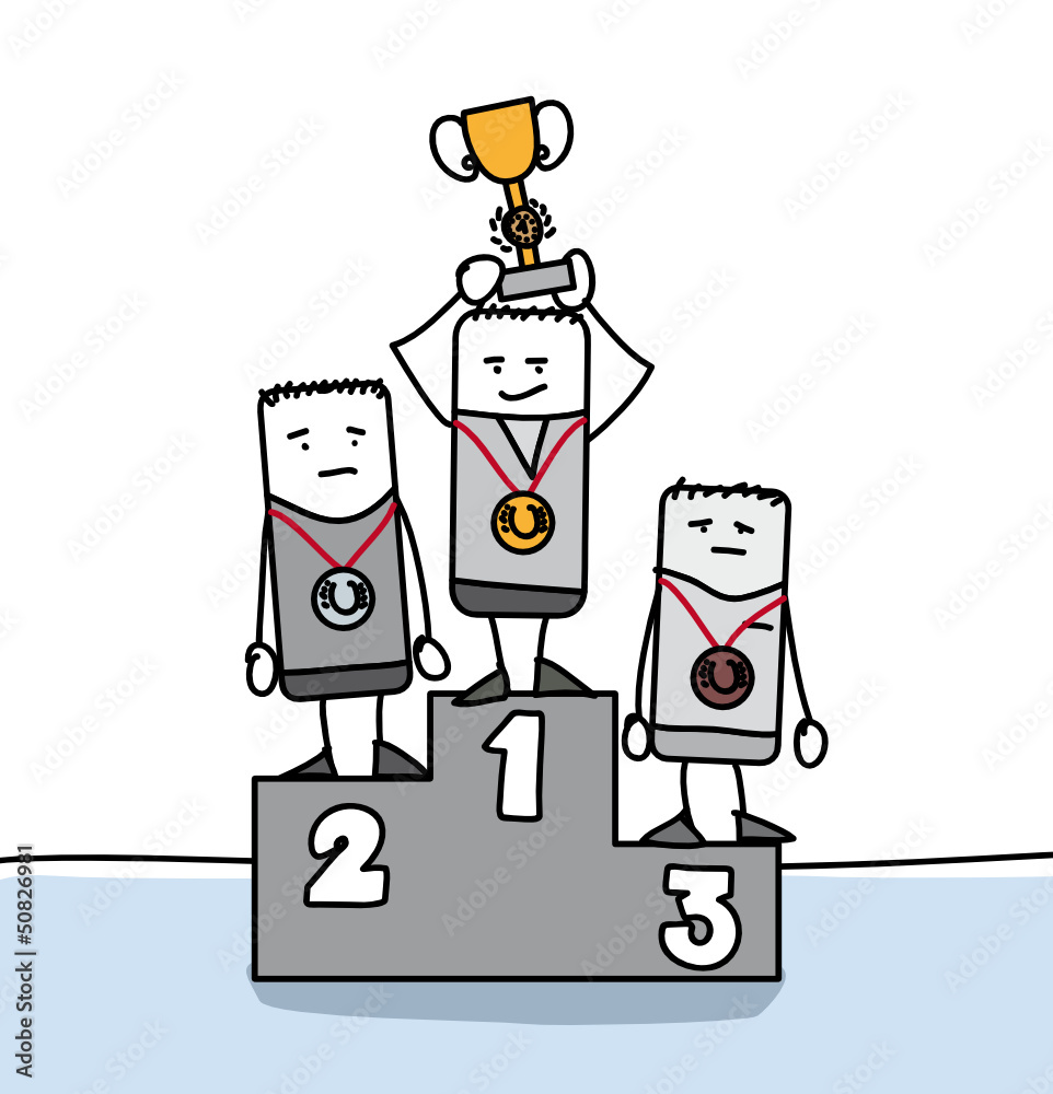 Vetor de Personnages sur un podium avec une médaille autour du cou do ...