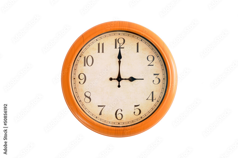 Clock showing 3 o'clock pm on a white wall Stock Photo | Adobe Stock
