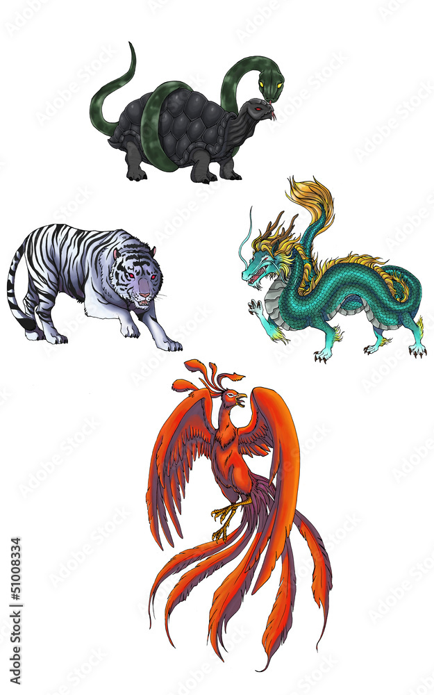 4 Chinese mythical creature gods (Shijin) Stock Photo | Adobe Stock