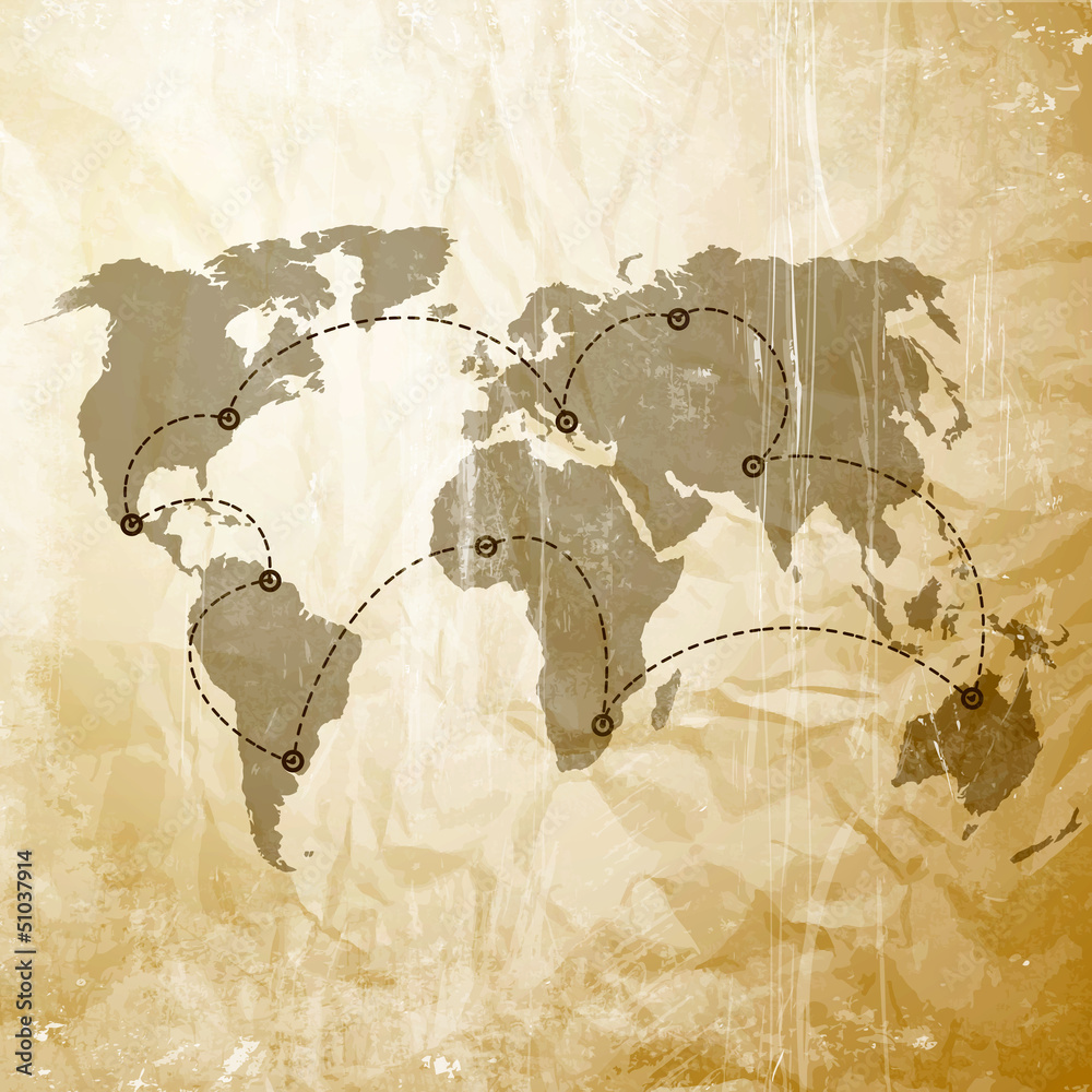 World map with track line Stock Vector | Adobe Stock