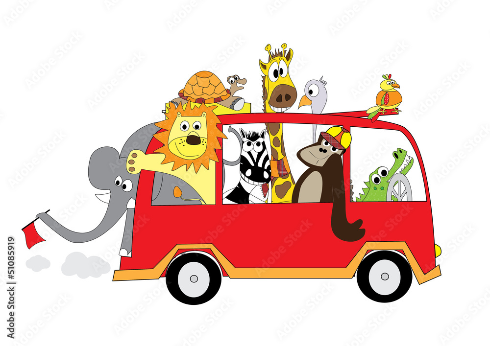 happy animals on the red bus Stock Vector | Adobe Stock