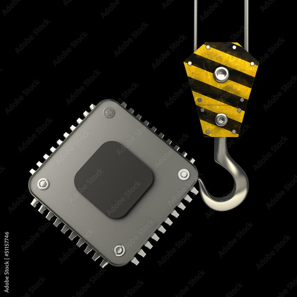 Yellow crane hook lifting Processor unit CPU isolated on black ...
