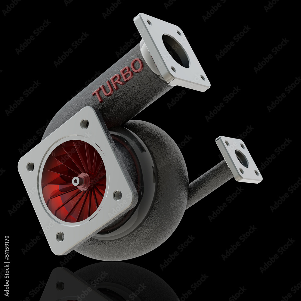 steel turbocharger isolated on a black background. High resolution 3d ...