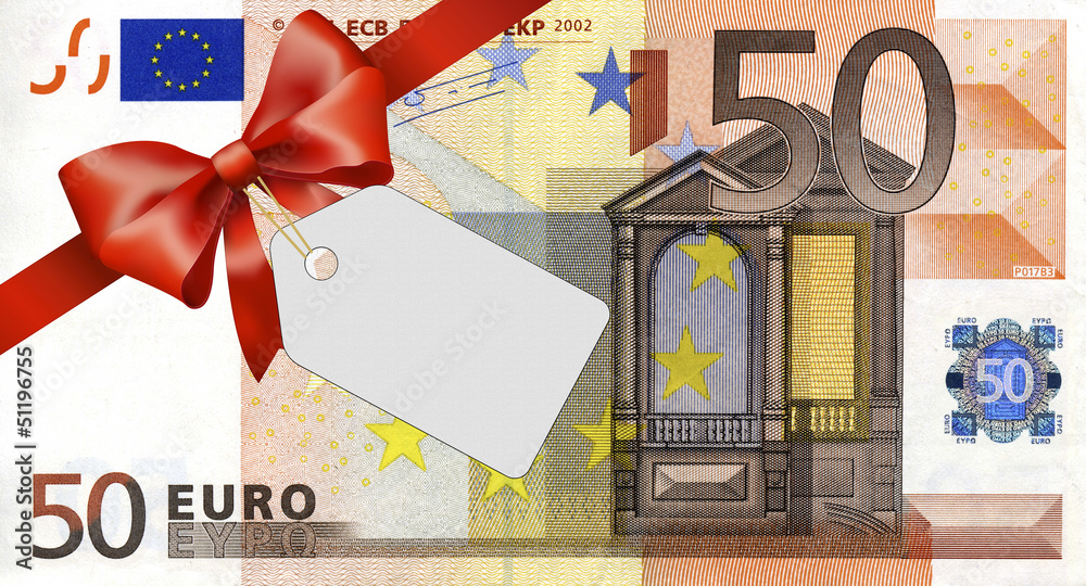 50 Euroschein mit rotem Band und Schleife mit Label foto de Stock ...