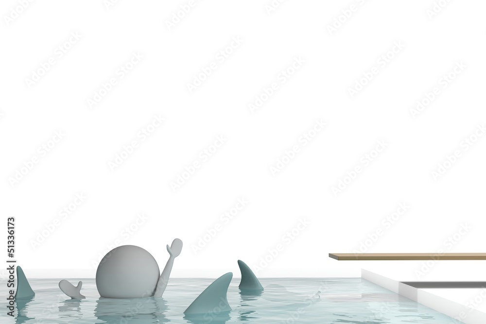 3d human drowns in a swimming pool with sharks. Stock Illustration ...