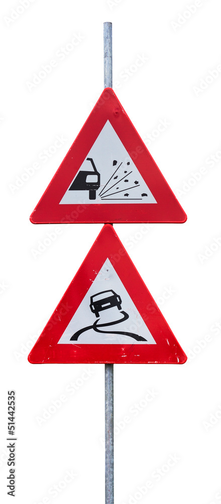 Traffic signs for loose chippings and slippery road Stock Photo | Adobe ...