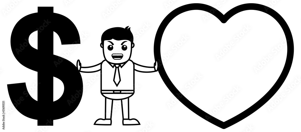 Cartoon Guy Comparing Love and Money Stock Vector | Adobe Stock