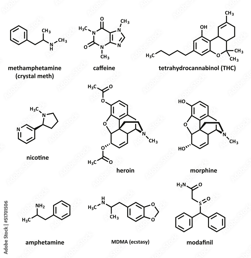 Recreational drugs: methamphetamine (crystal meth), caffeine,.. Stock ...