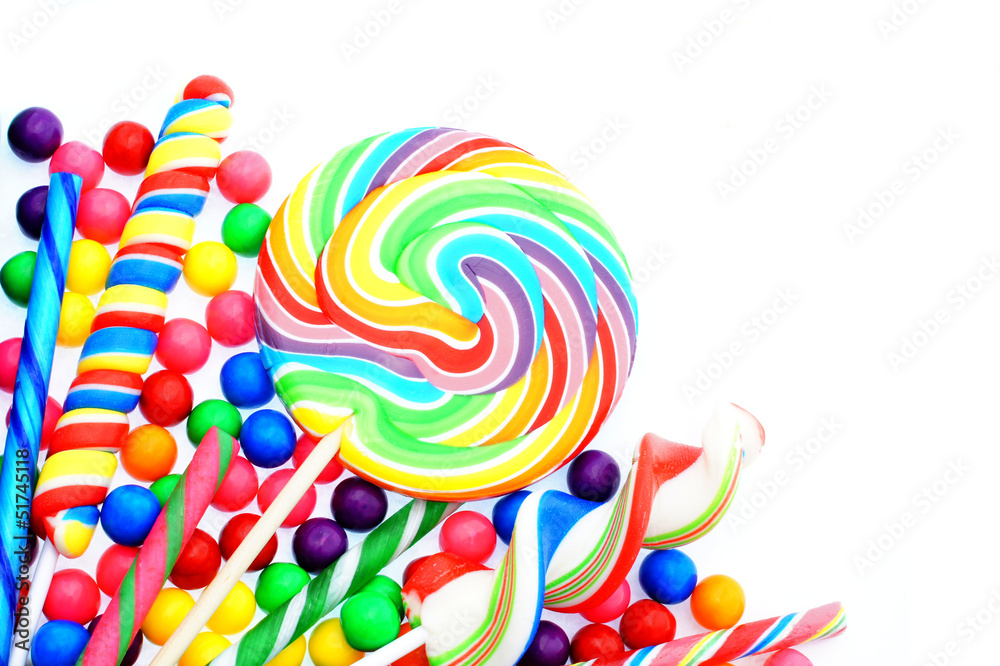 Colorful candy corner border with lollipops and gumballs Stock Photo ...