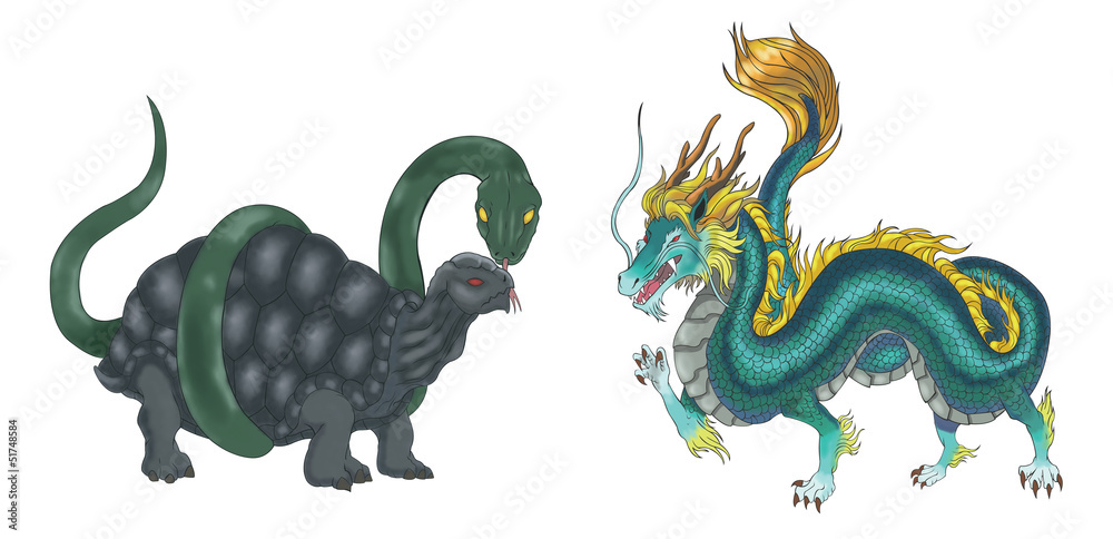 4 Chinese mythical creature gods set 2 - Turtle and Dragon Stock Vector ...